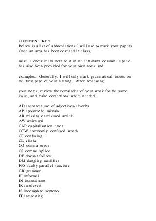 COMMENT KEYBelow is a list of abbreviations I will use to ma | PDF