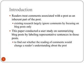 Comments oriented blog summarization by sentence extraction | PPT