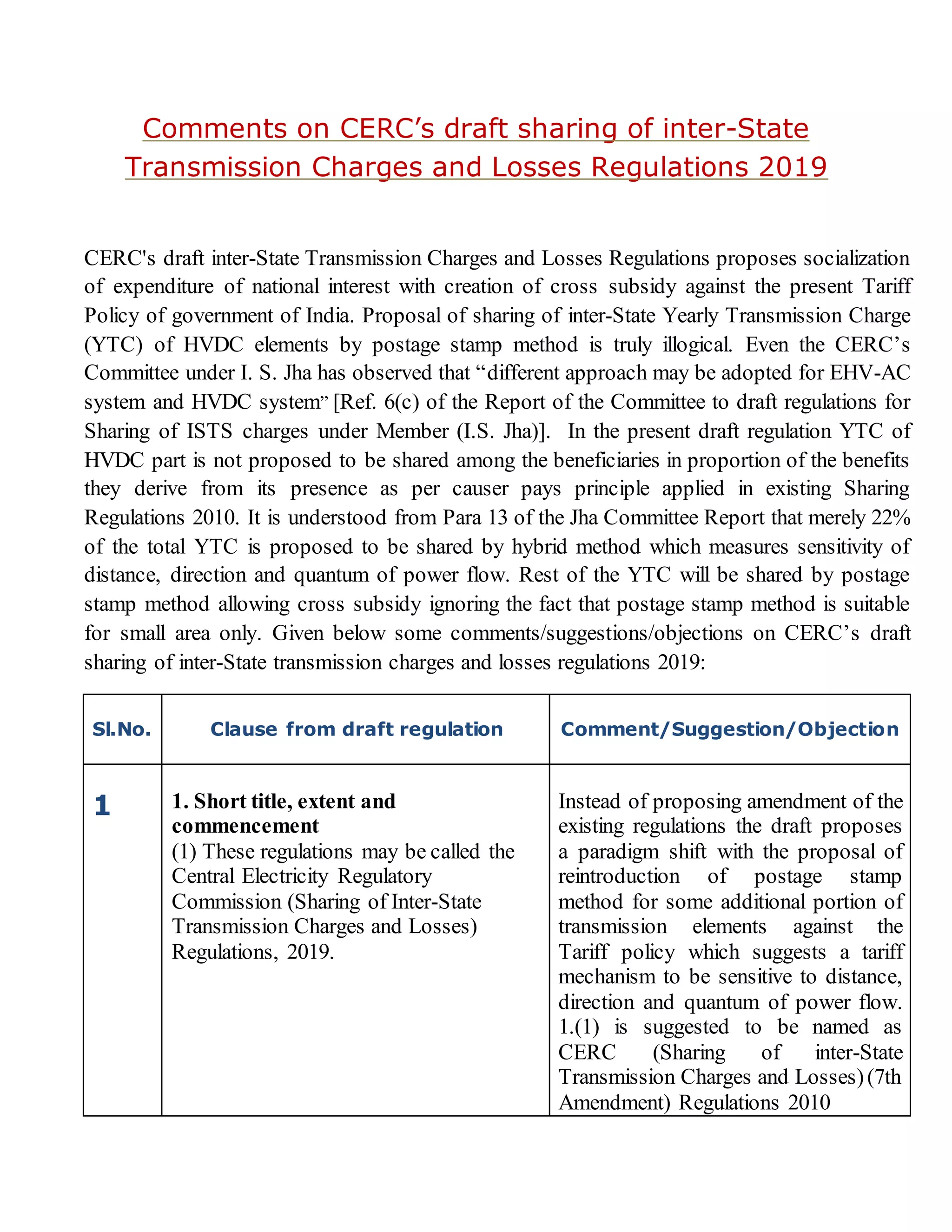 Comments on draft cerc sharing of transmission charges and losses ...