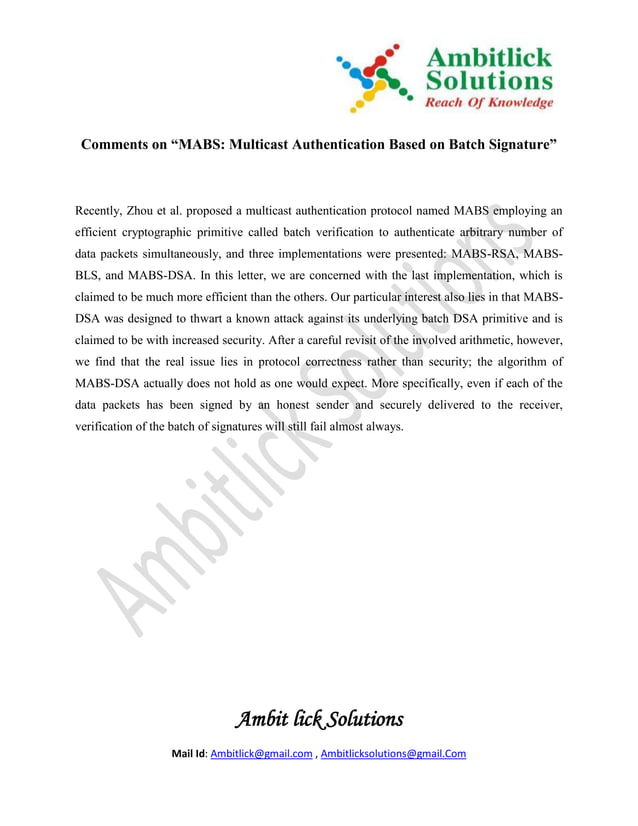 Comments on “mabs multicast authentication based on batch signature” | PDF