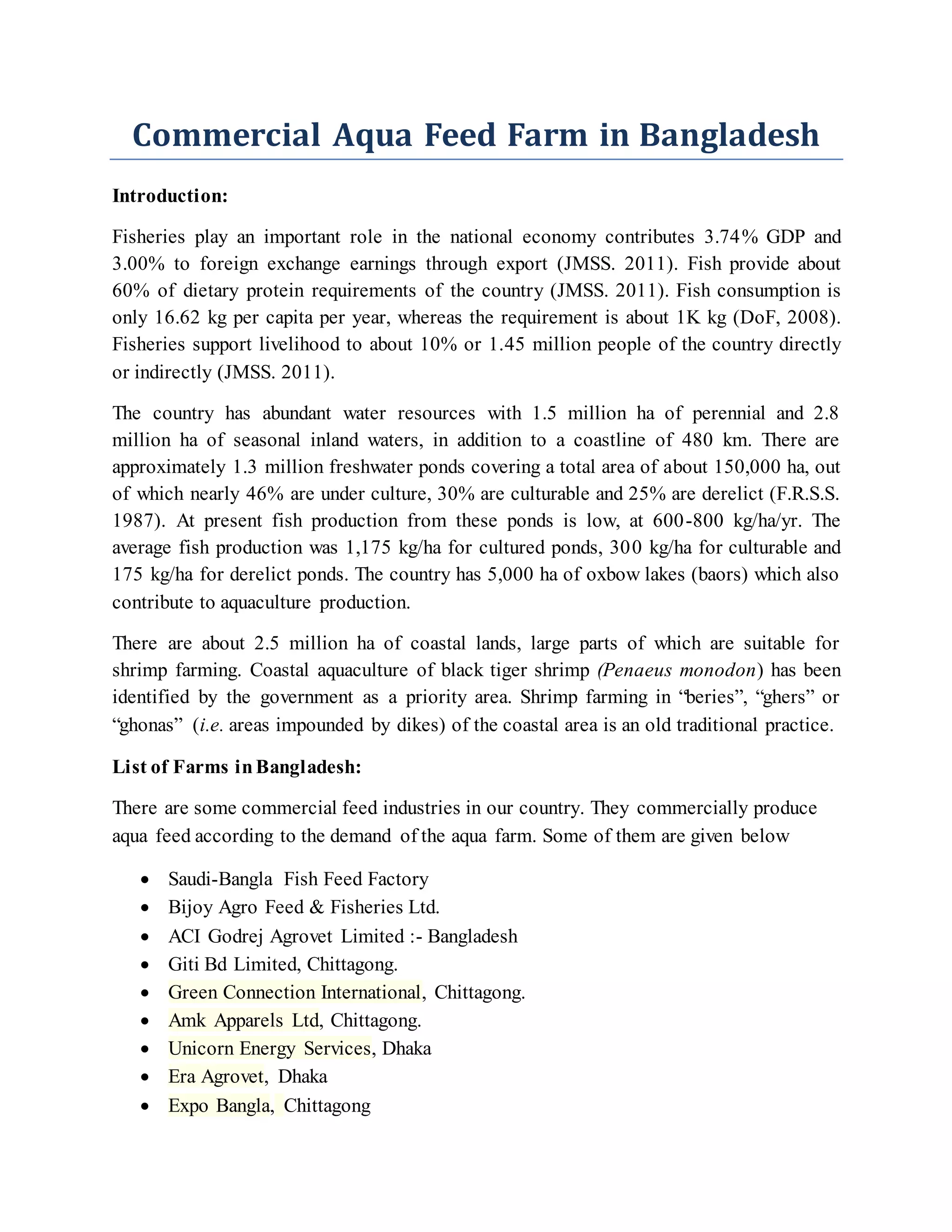 Commercial aqua feed farm in bangladesh | DOCX