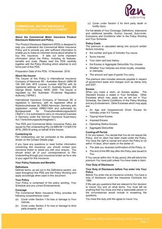 Pen Underwriting Commercial Motor Insurance PDS | PDF