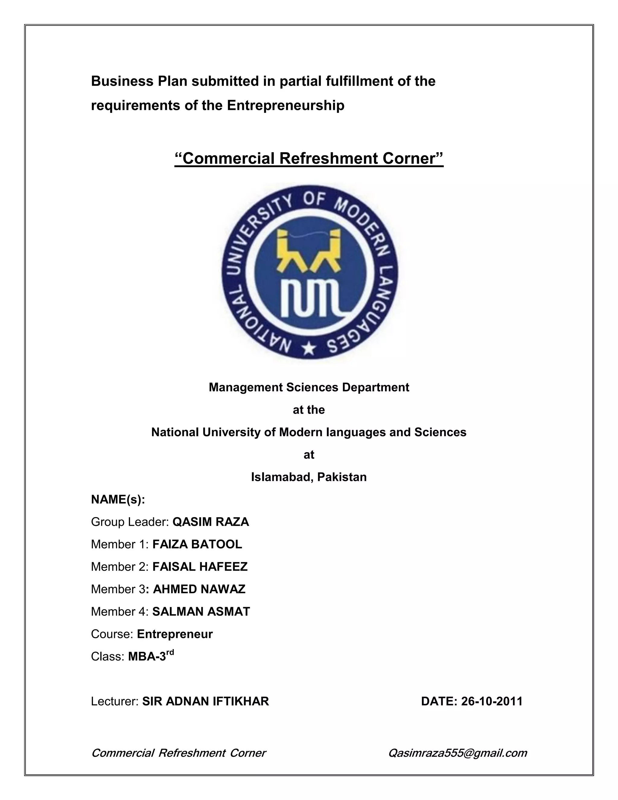 Commercial Refreshment Corner (Entrepreneur Final Plan) | PDF