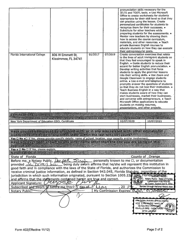 Commission for Independent Education Instructional Notarized Form of Deepak (Danny) Singh | PDF