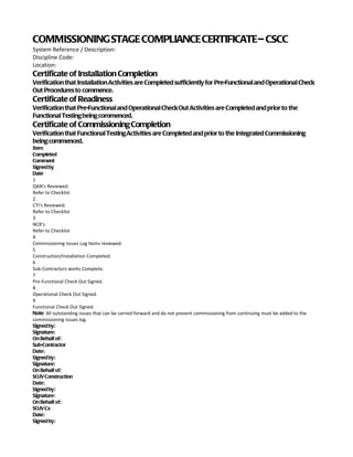 Commissioning stage compliance certificate | DOC