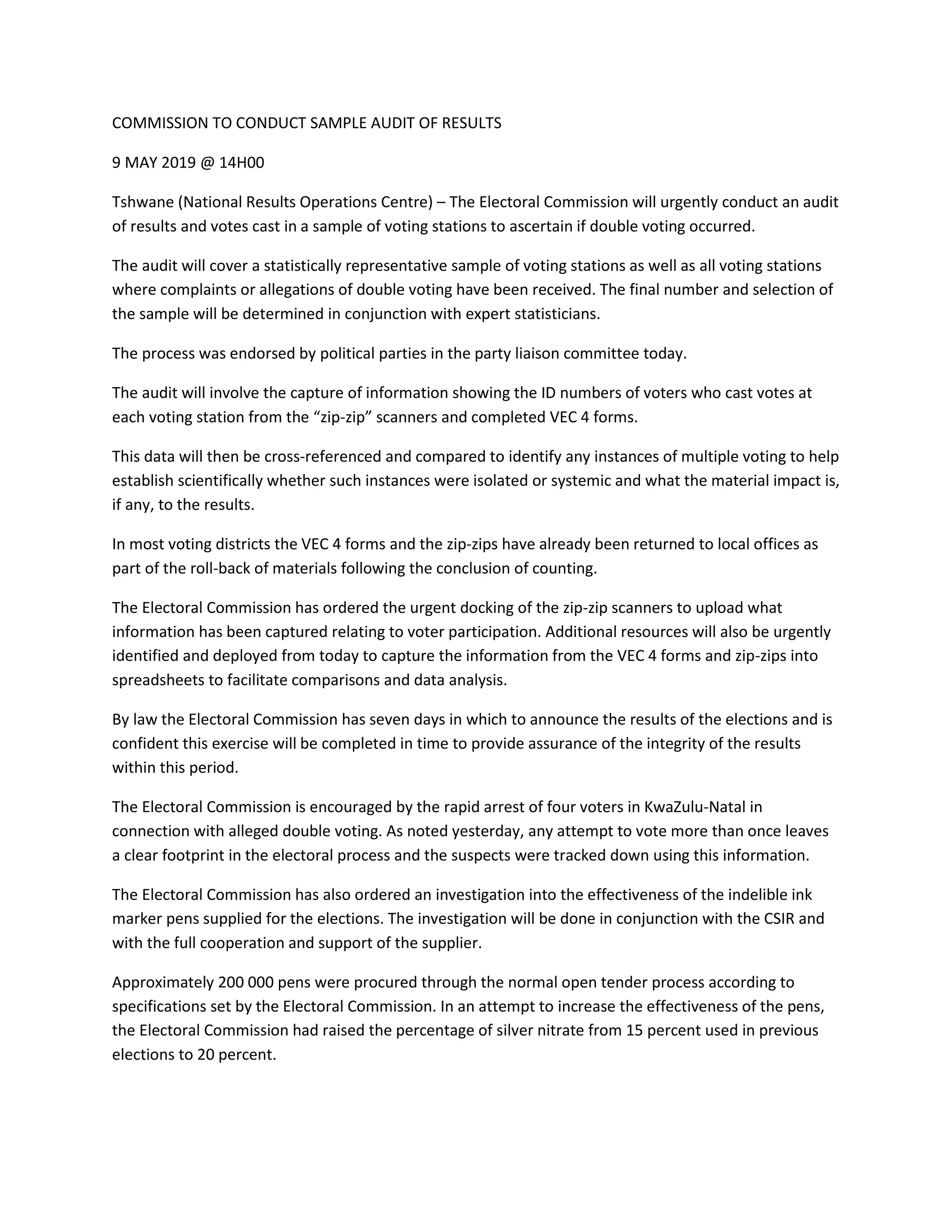 Commission to conduct sample audit of results | PDF