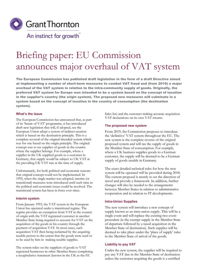 Briefing Paper - EU Commission publishes proposals for VAT changes | PDF