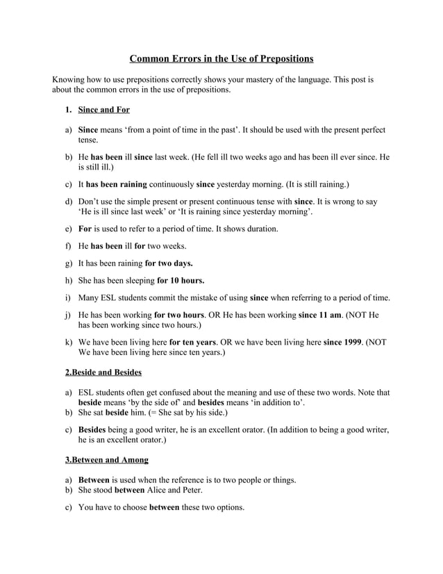 Common errors in the use of prepositions | DOC