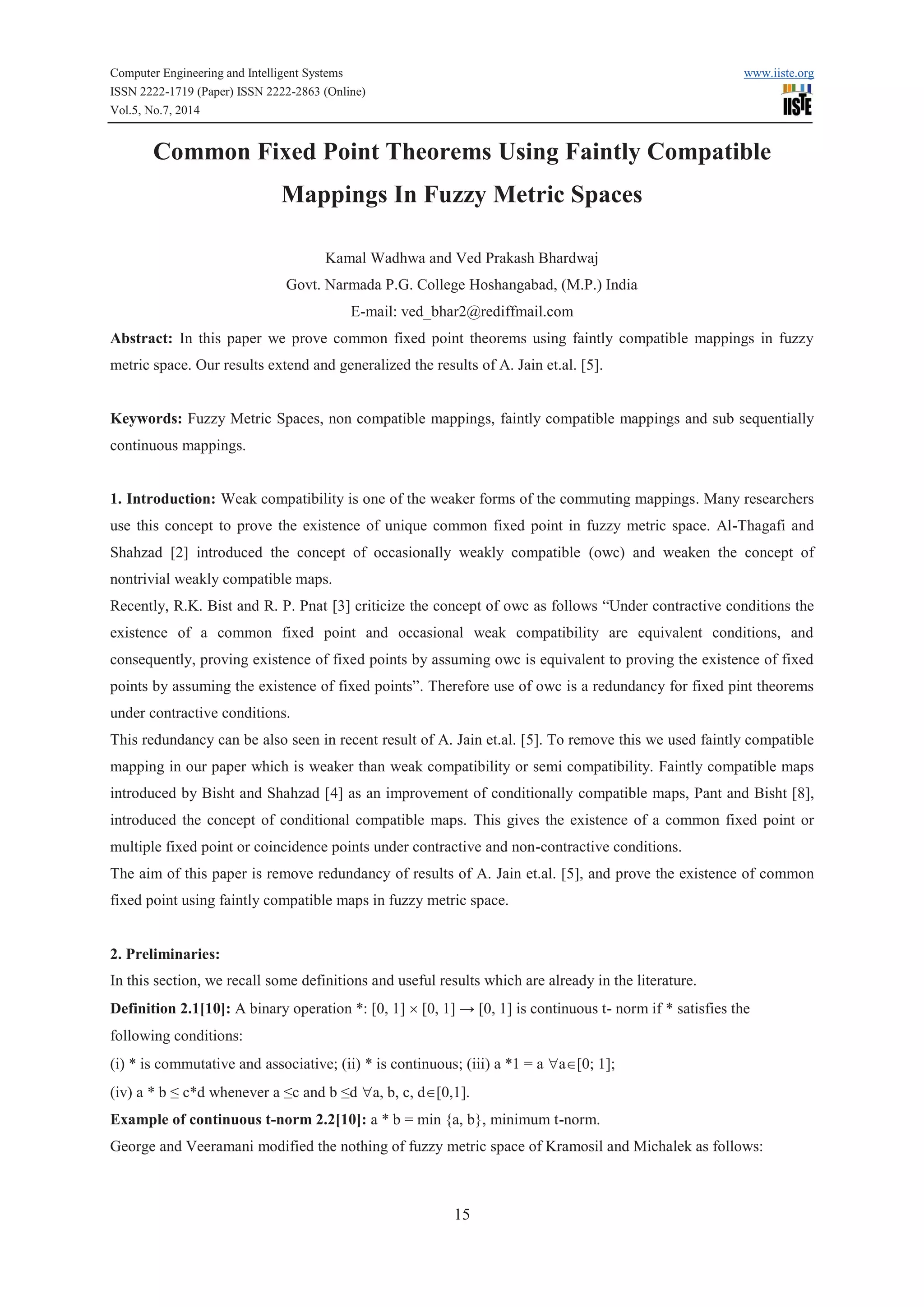 Common Fixed Point Theorems Using Faintly Compatible Pdf