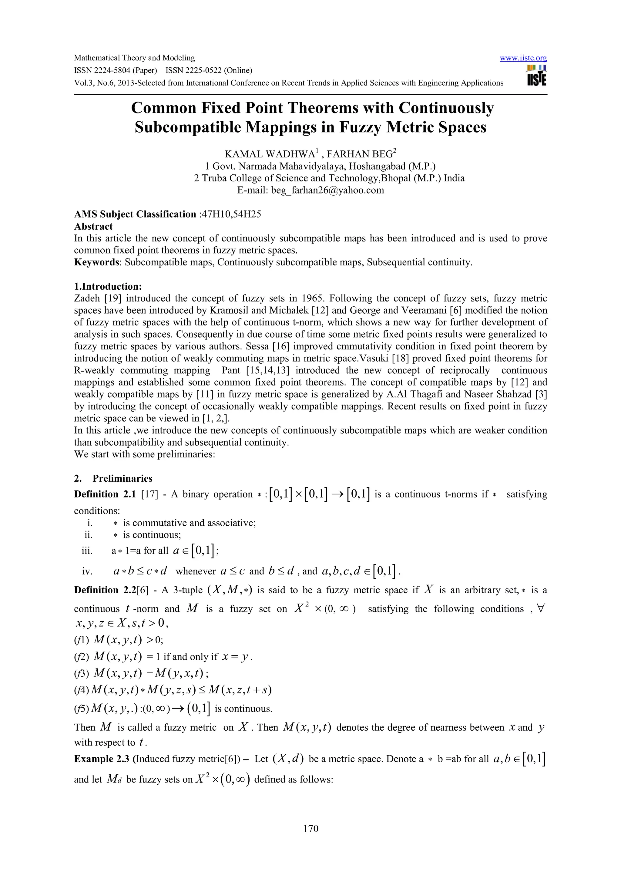 Common Fixed Point Theorems With Continuously Subcompatible Mappings In Fuzzy Metric Spaces Pdf