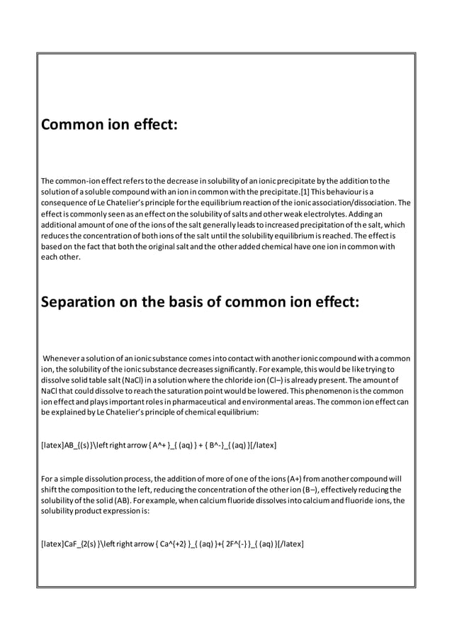 Common ion effect | DOCX | Chemistry | Science