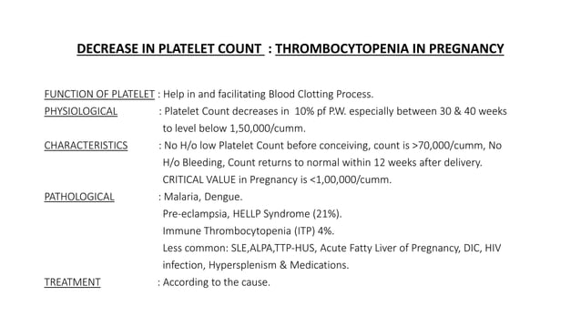 Common Lab Investigations in pregnancy with reference to Anaemia, Leukocytosis, Thrombocytopenia ...