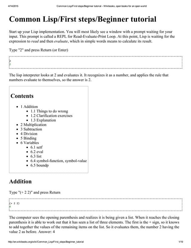 Common lisp first steps beginner tutorial - wikibooks, open books for an open world | PDF ...