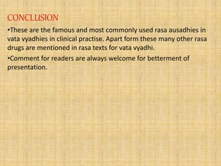 Commonly used rasa aushadhi in vata vyadhi | PPTX
