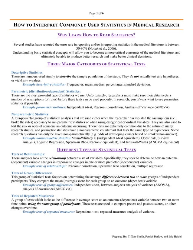 Commonly used Statistics in Medical Research Handout | DOCX