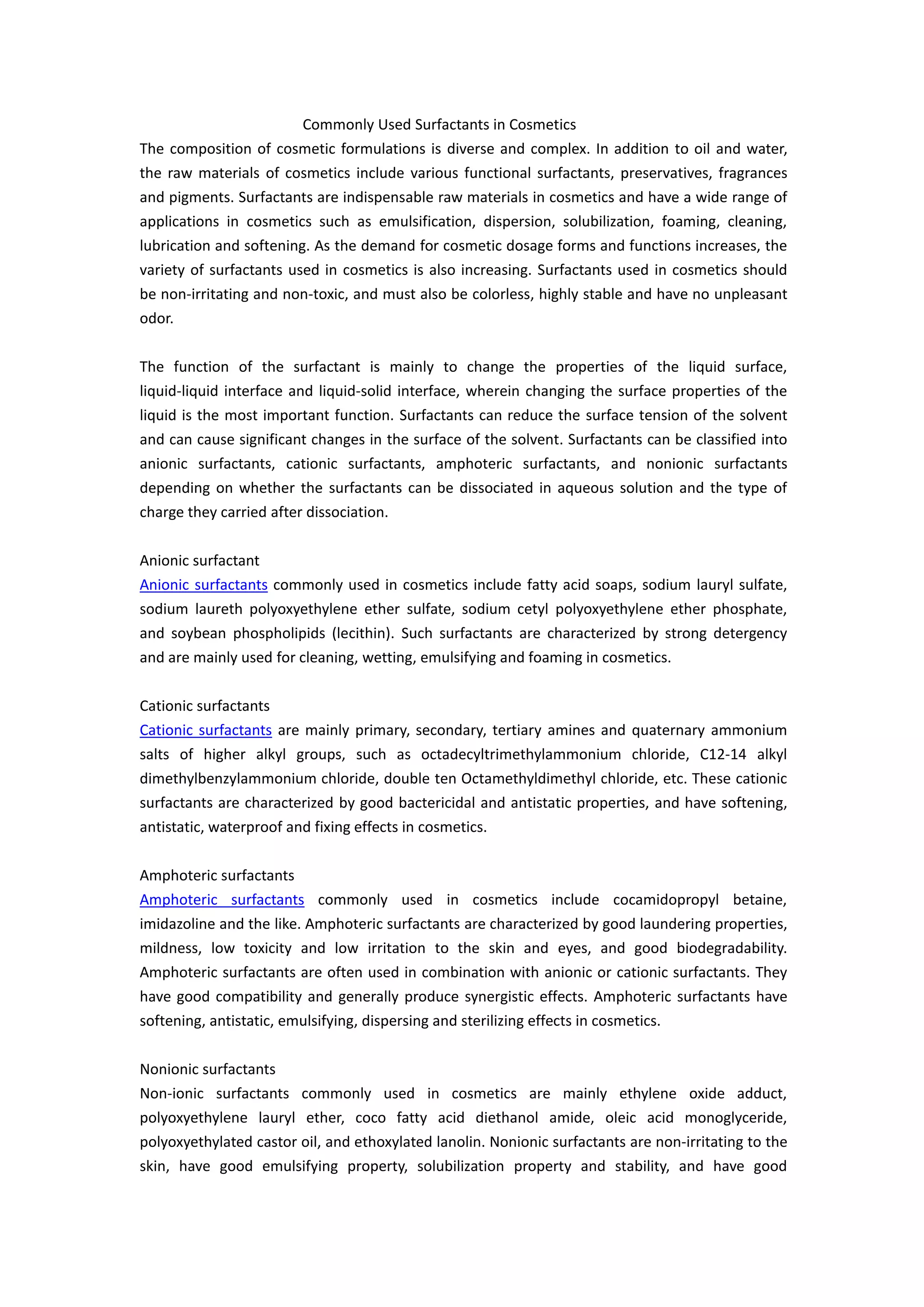 Commonly used surfactants in cosmetics | PDF