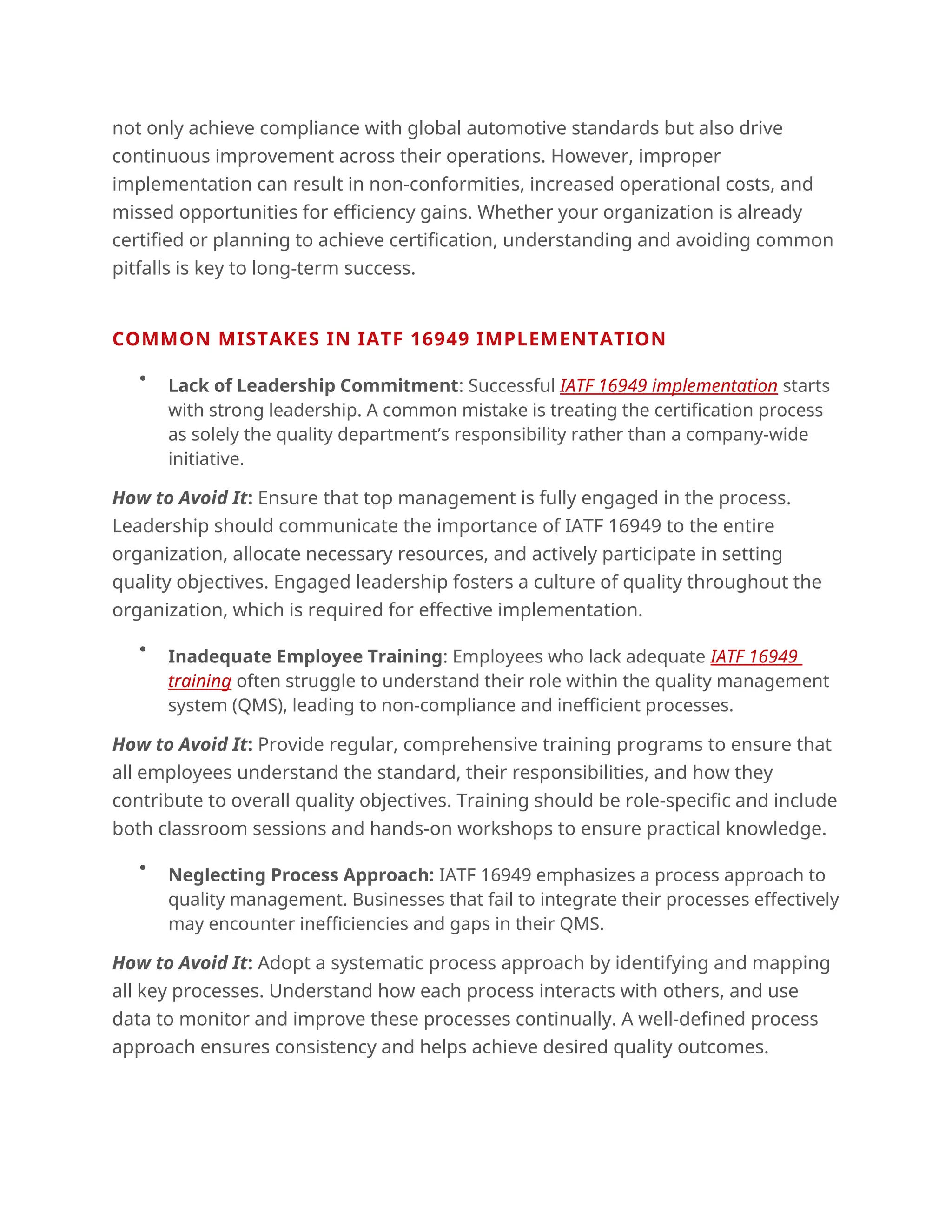 COMMON MISTAKES IN IATF 16949 IMPLEMENTATION AND HOW TO AVOID THEM | DOCX
