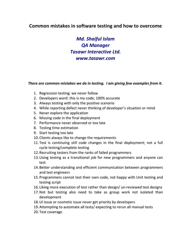 Common mistakes in software testing and how to overcome? | PDF