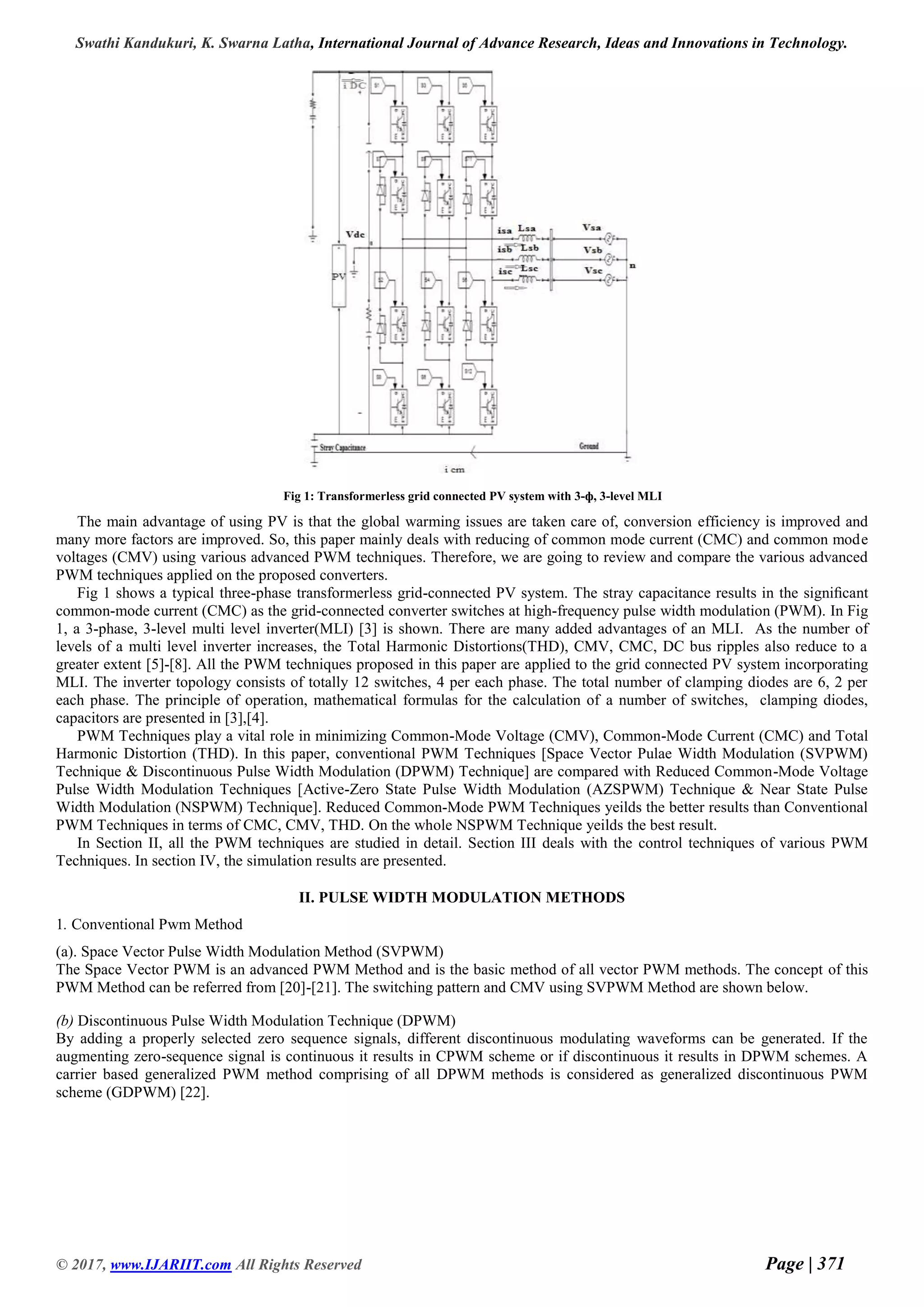 Common Mode Voltage Reduction For Three Phase Grid Connected Converters