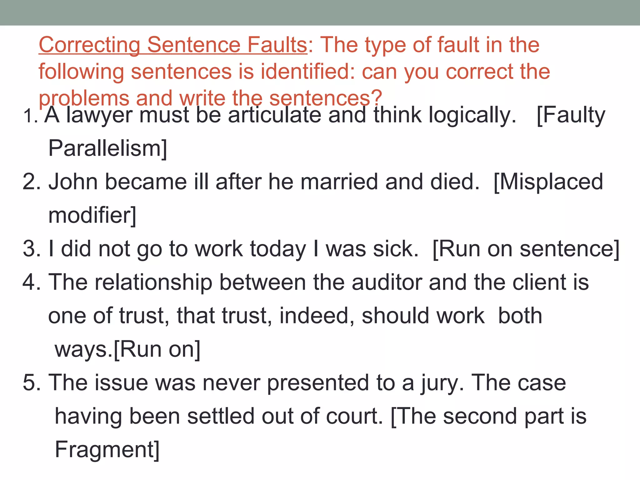 Common Sentence Faults or Errors and how to correct them | PPT