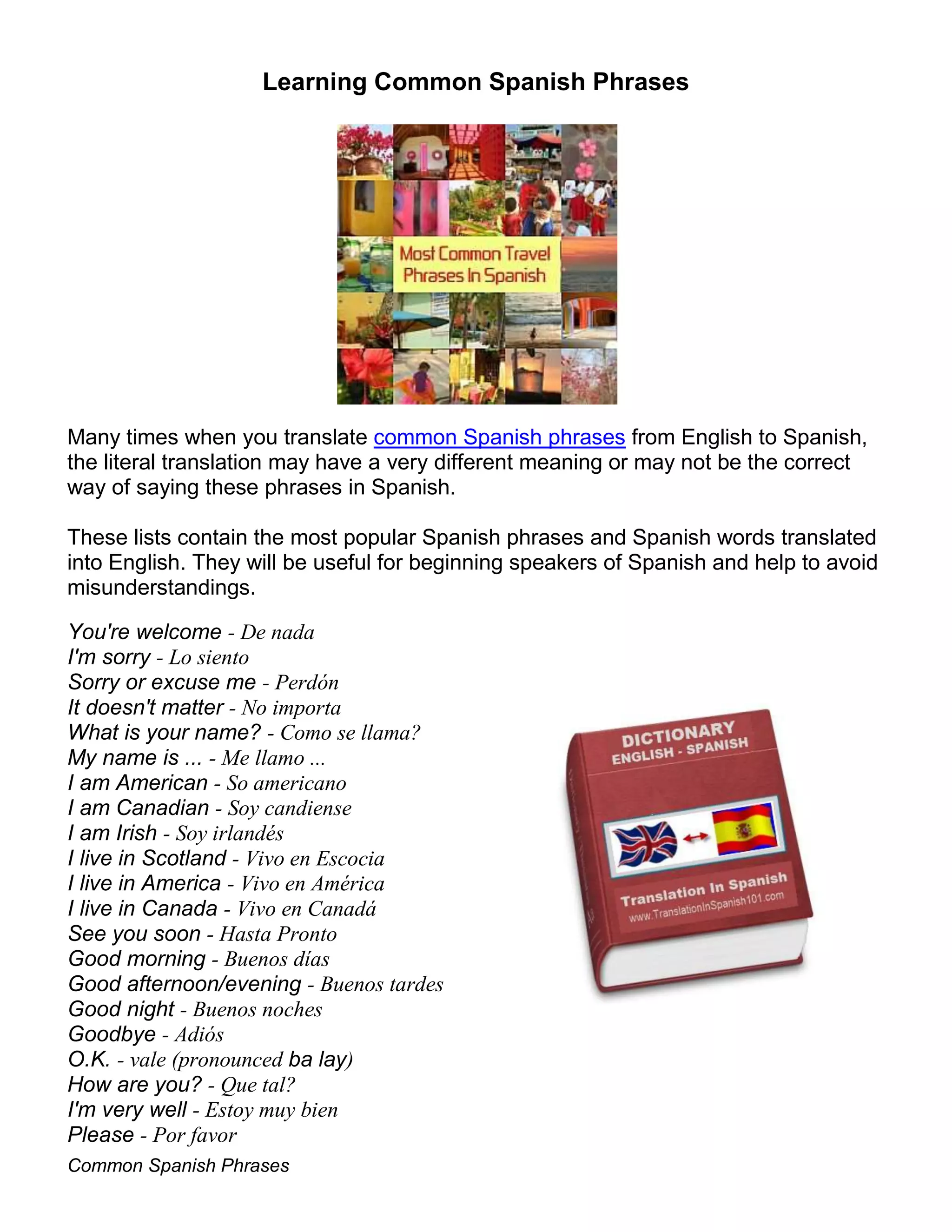 Learning Common Spanish Phrases | DOCX