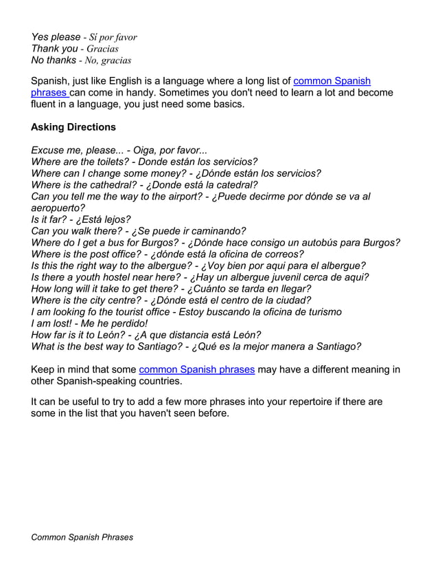 Learning Common Spanish Phrases | PDF