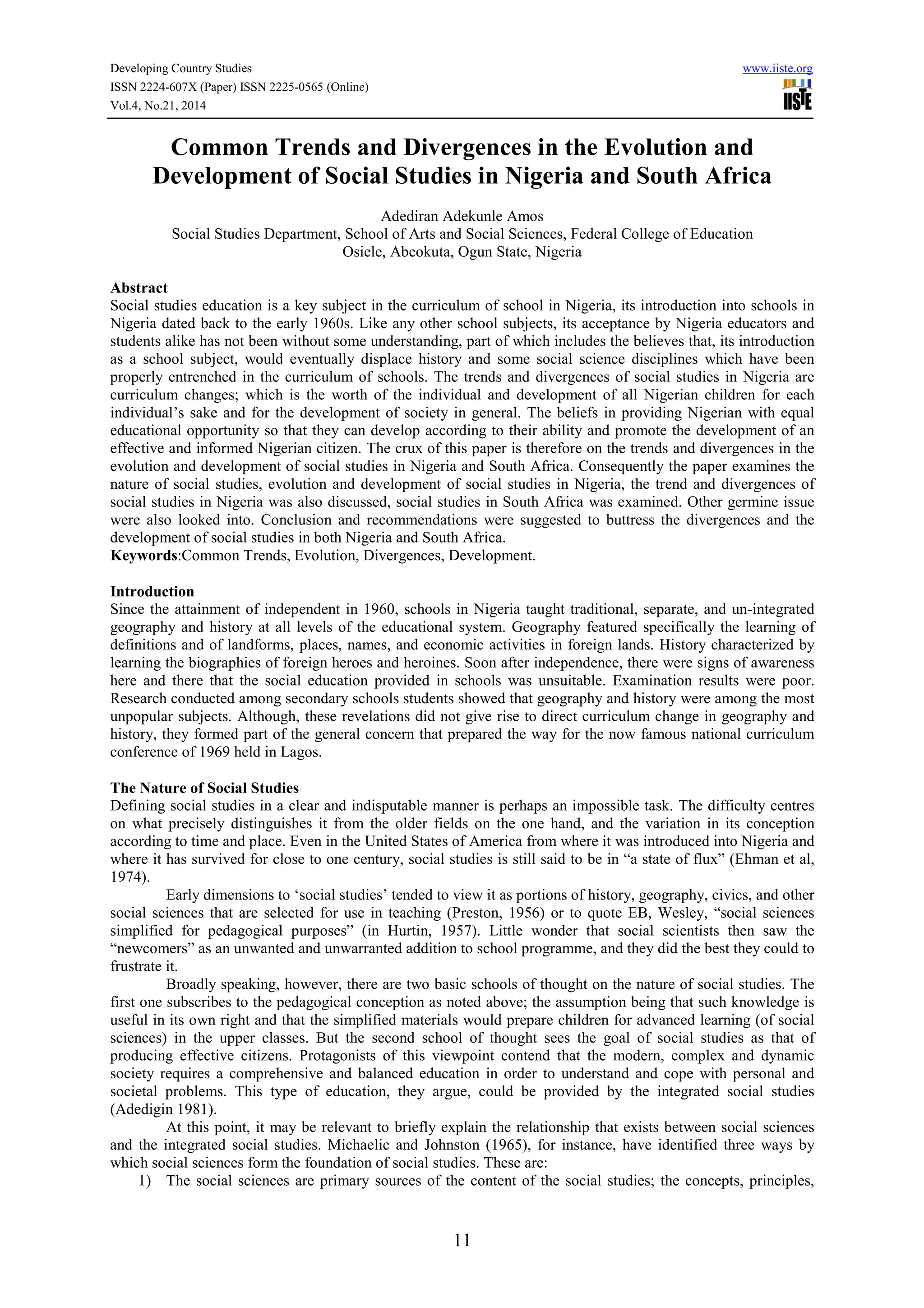 Common trends and divergences in the evolution and development of social studies in nigeria and ...