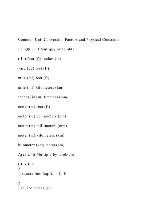 Common Unit Conversion Factors and Physical ConstantsLengt.docx | Free ...