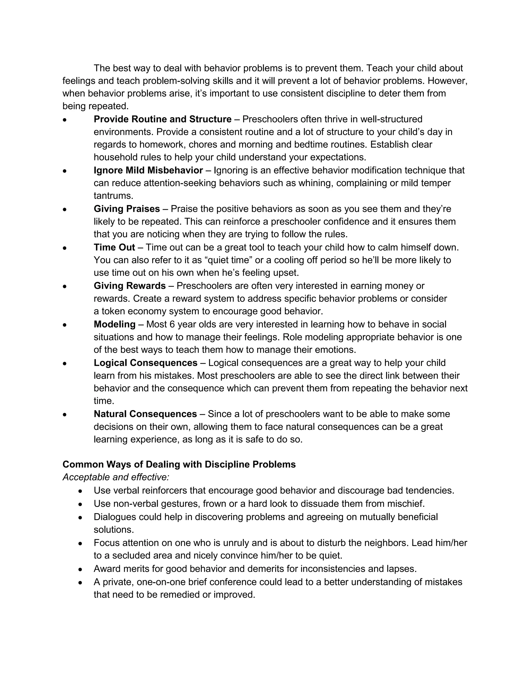 Discipline Techniques for Preschool Classroom | DOCX