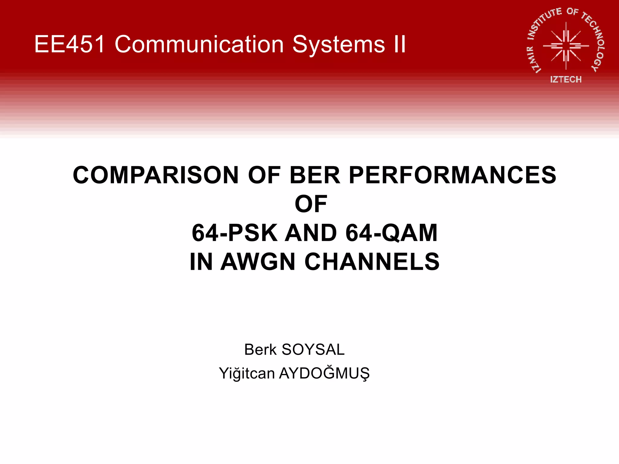 Comparison of BER performances of 64-PSK and 64-QAM in AWGN channels ...