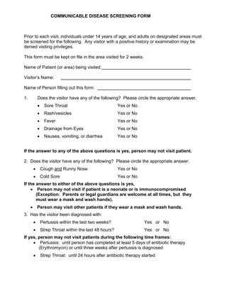 Communicable Disease Screening Form from ministry of health pdf | PDF