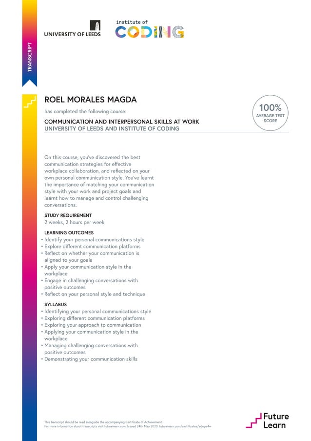 COMMUNICATION AND INTERPERSONAL SKILLS AT WORK-CERTIFICATE OF ACHIEVEMENT | PDF