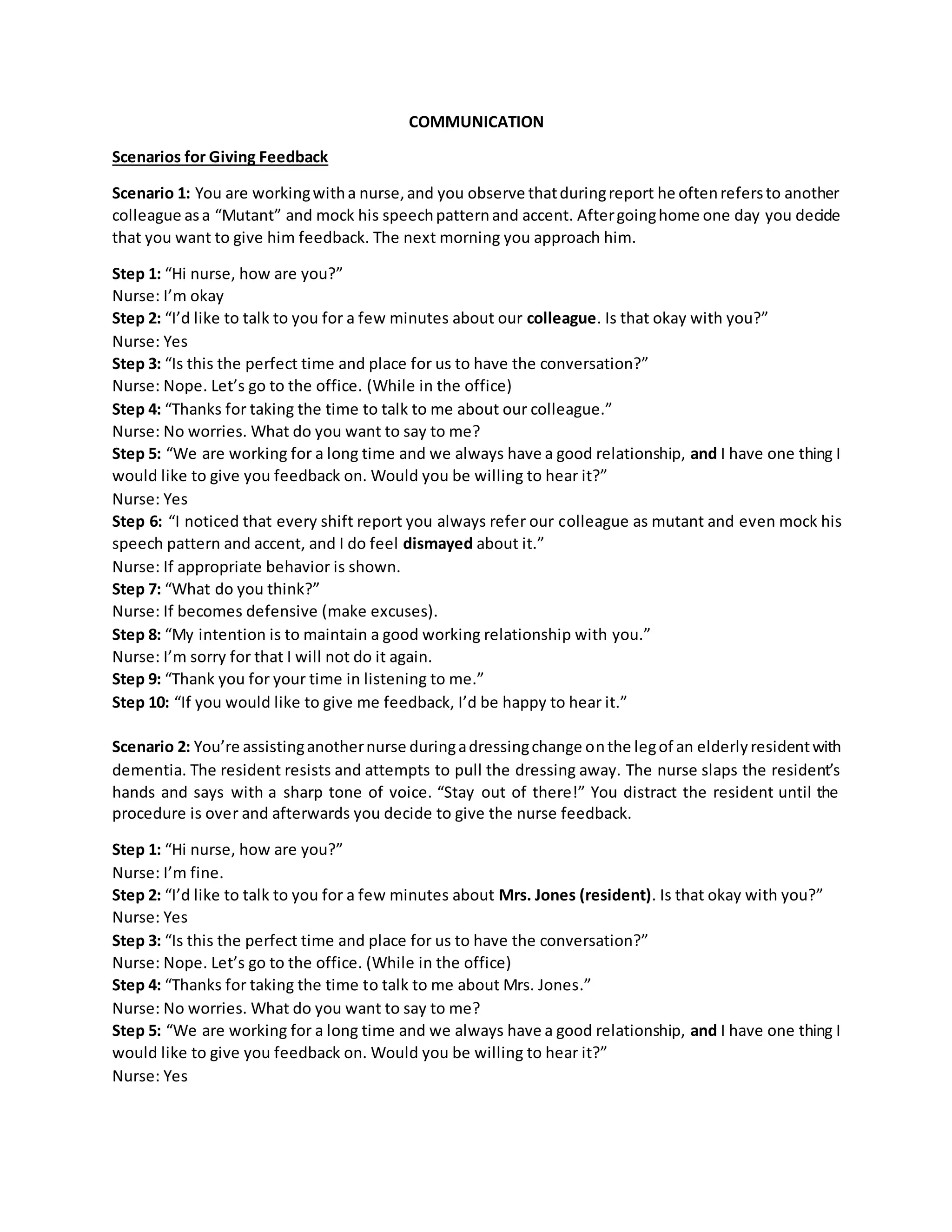 Communication giving and receiving feedback scenarios | DOCX