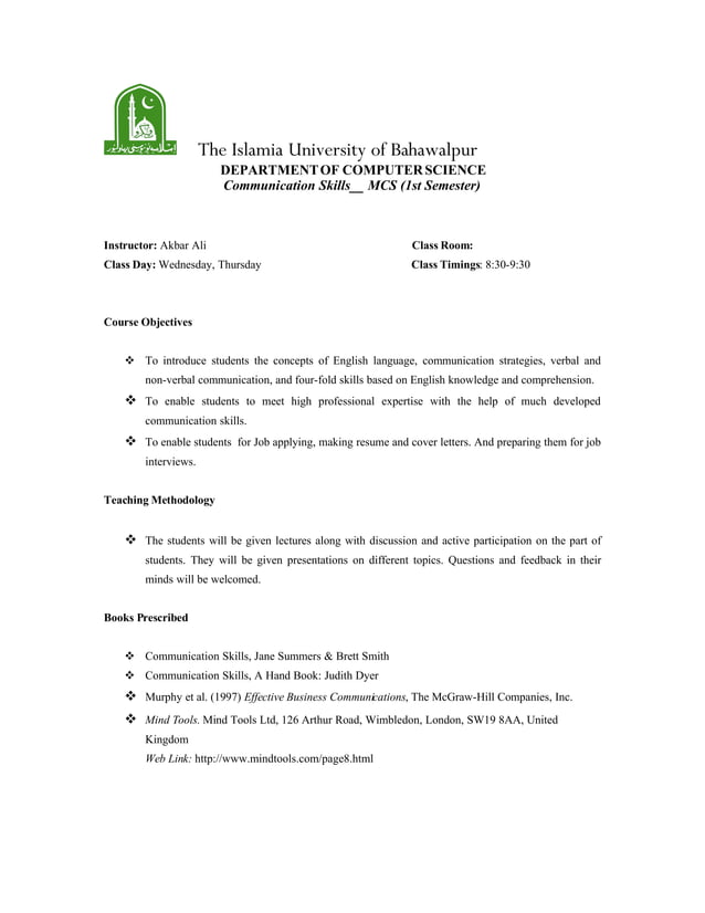 Communication Skills Syllabus | DOC
