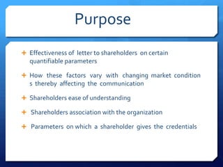 Communication analysis of letter to shareholders. | PPTX