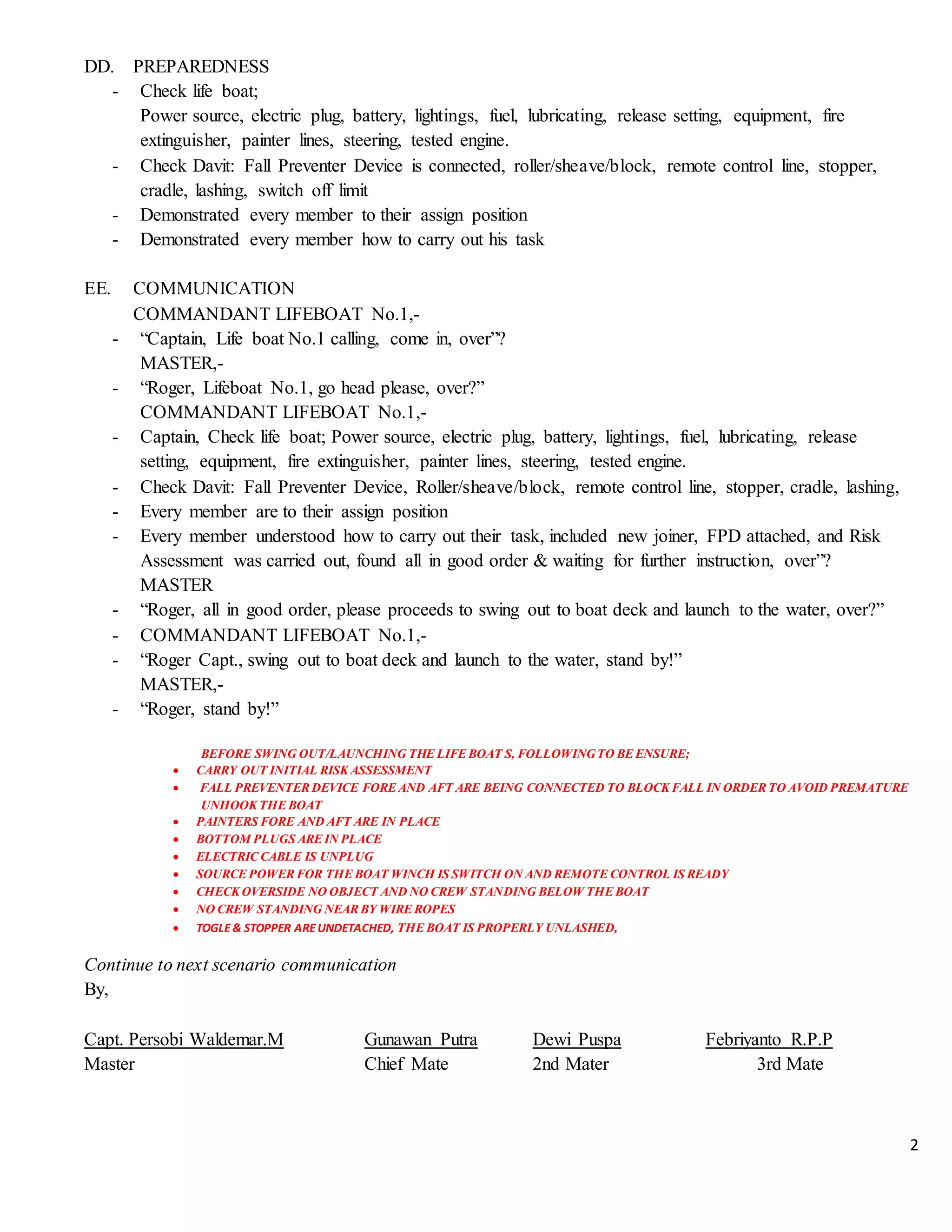 SCENARIO COMMUNICATION OF LAUNCHING LIFEBOAT No.1 & No.2 | DOC