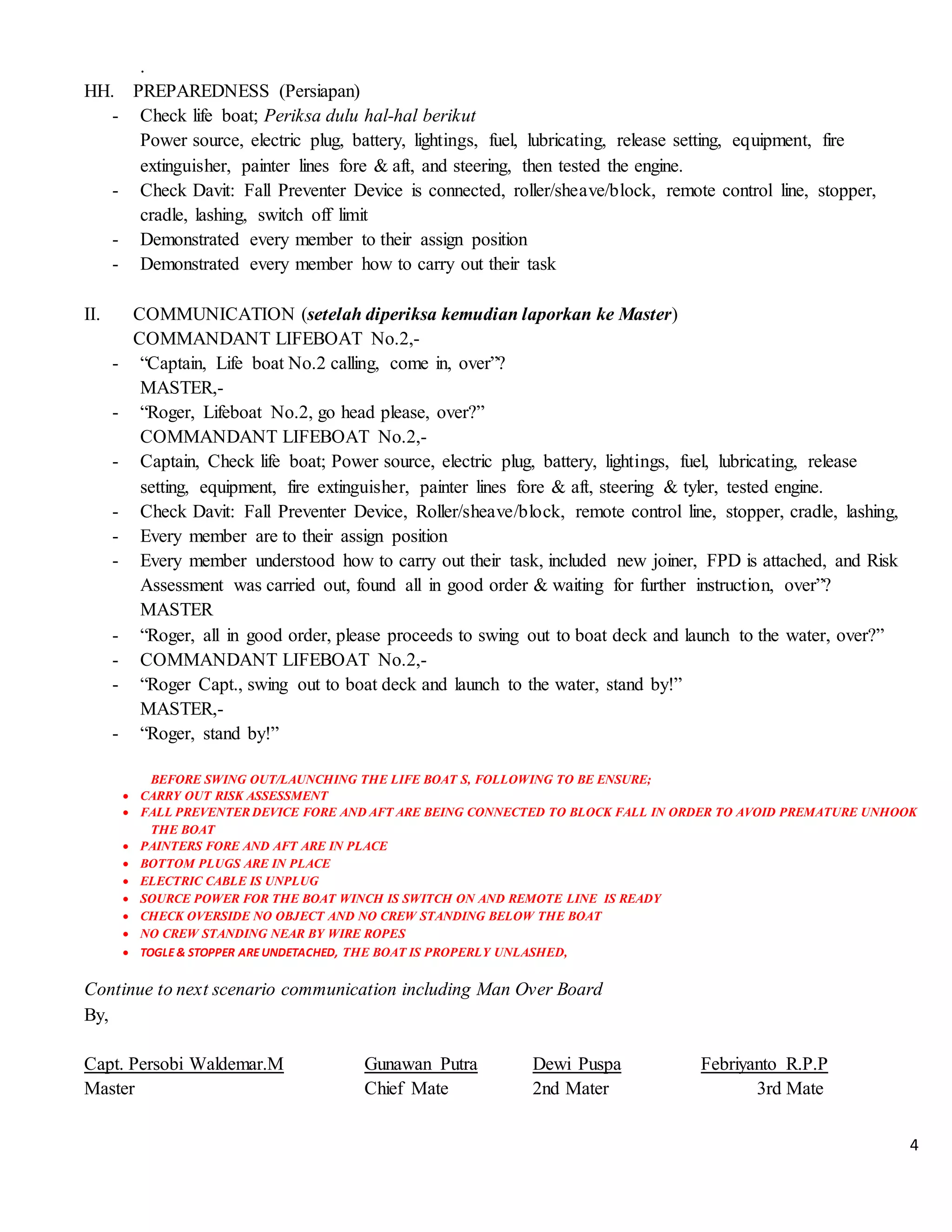 SCENARIO COMMUNICATION OF LAUNCHING LIFEBOAT No.1 & No.2 | DOC