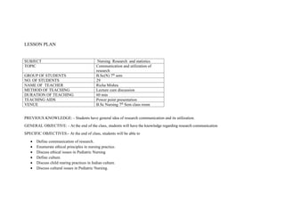 Comprehensive Nursing Research Lesson Plan on Communication and ...