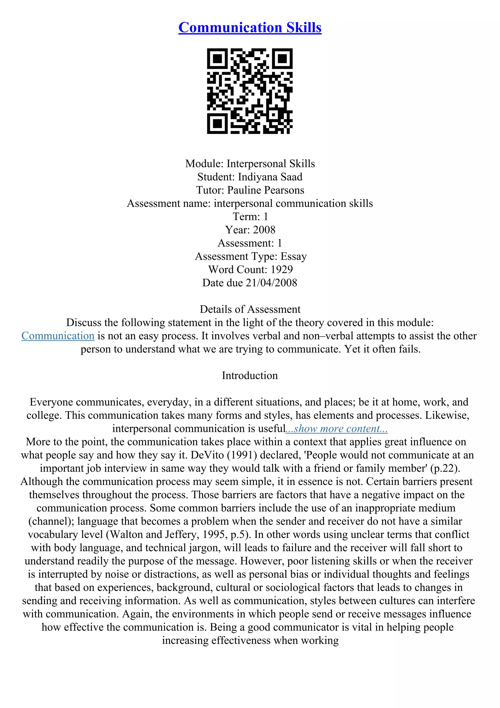 Communication Skills Essay | PDF