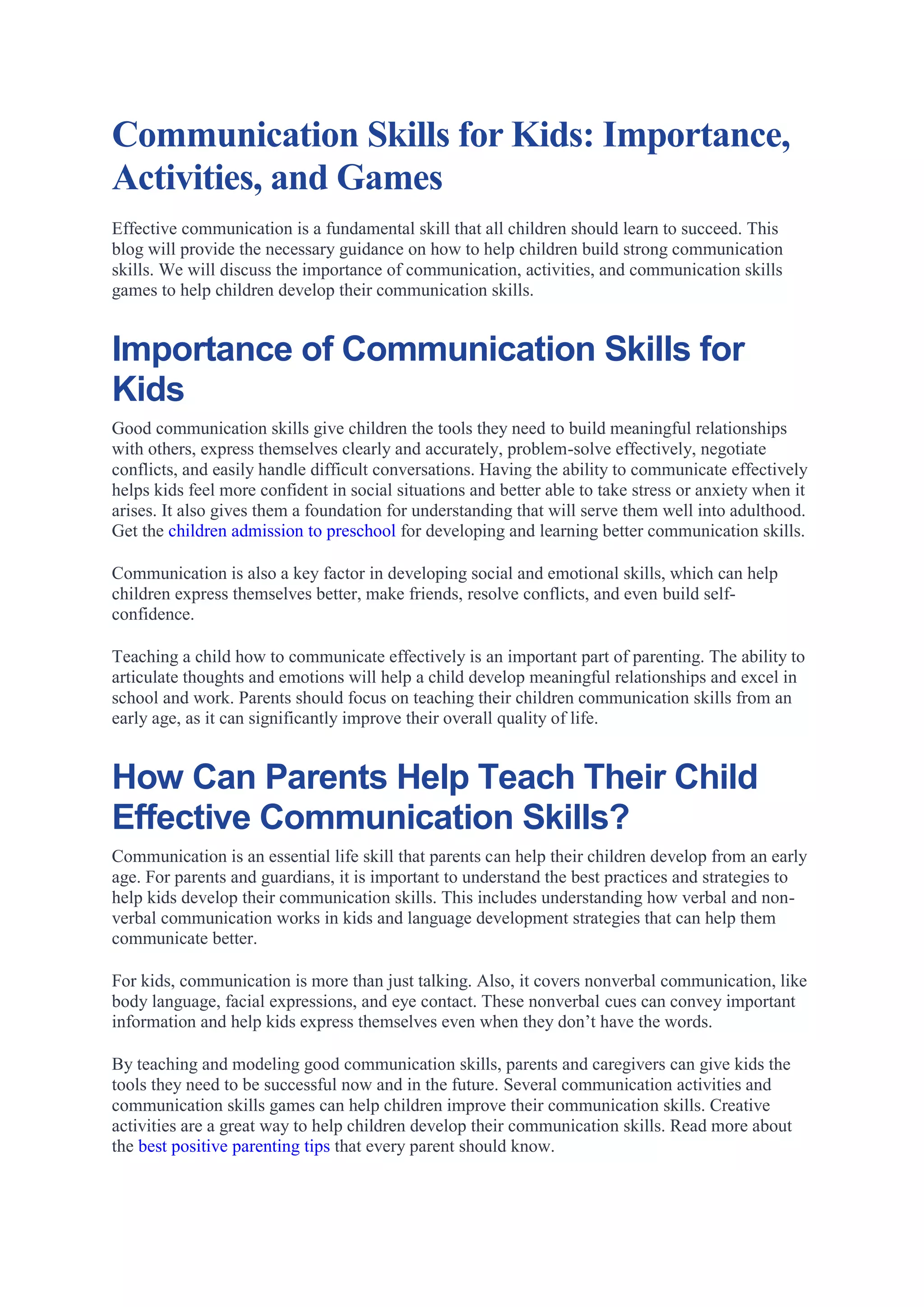 Communication Skills for Kids | DOCX