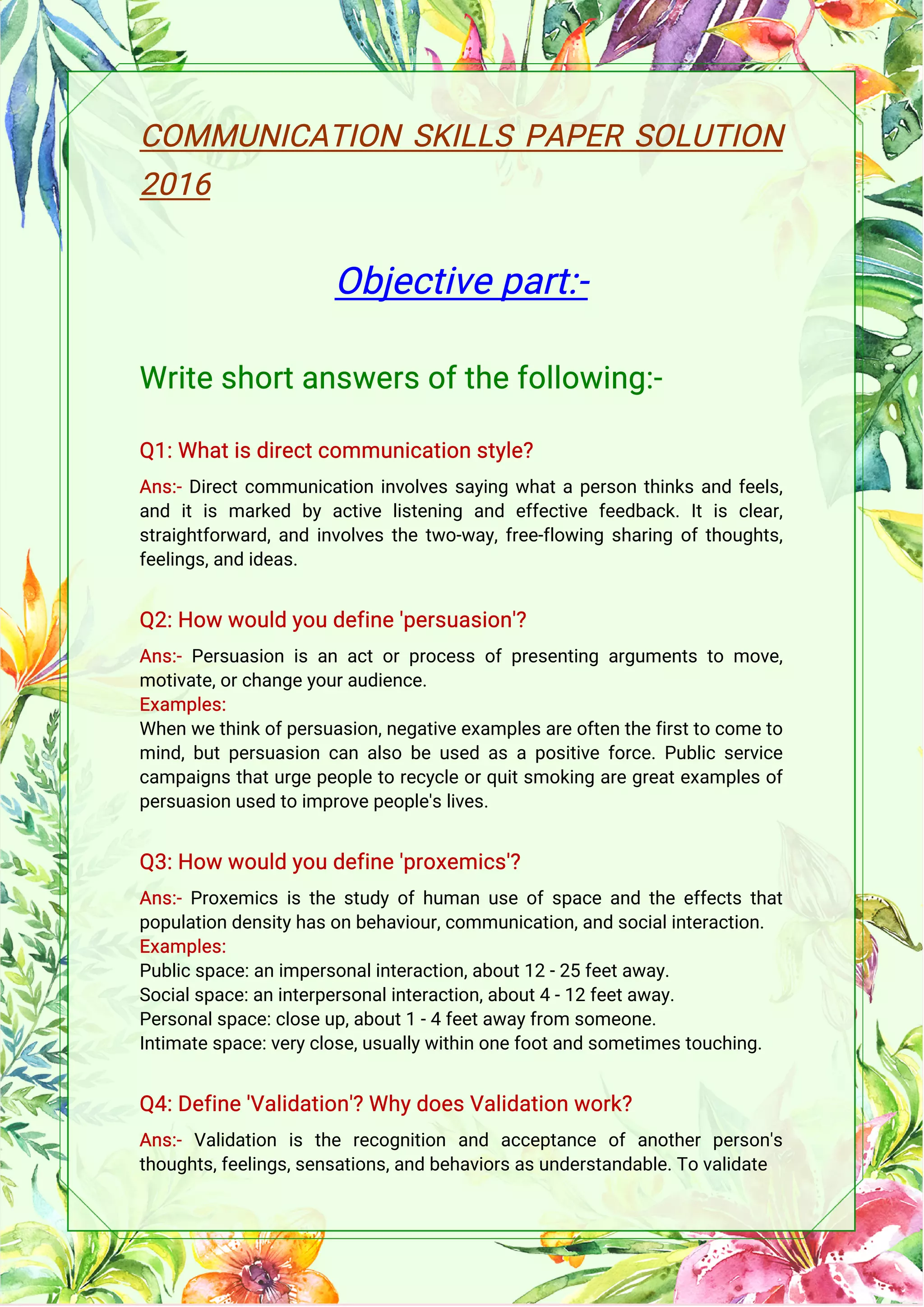 Communication skills Past Paper Short Questions 2015-2019 | PDF