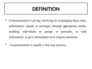 COMMUNICATION SKILS INTRODUCTION DEFINITION OF COMMUNICATION IMPORTANCE ...