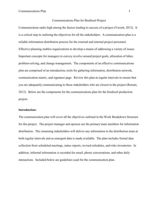 Communications plan for biodiesel project | DOCX | Business | Business and Finance