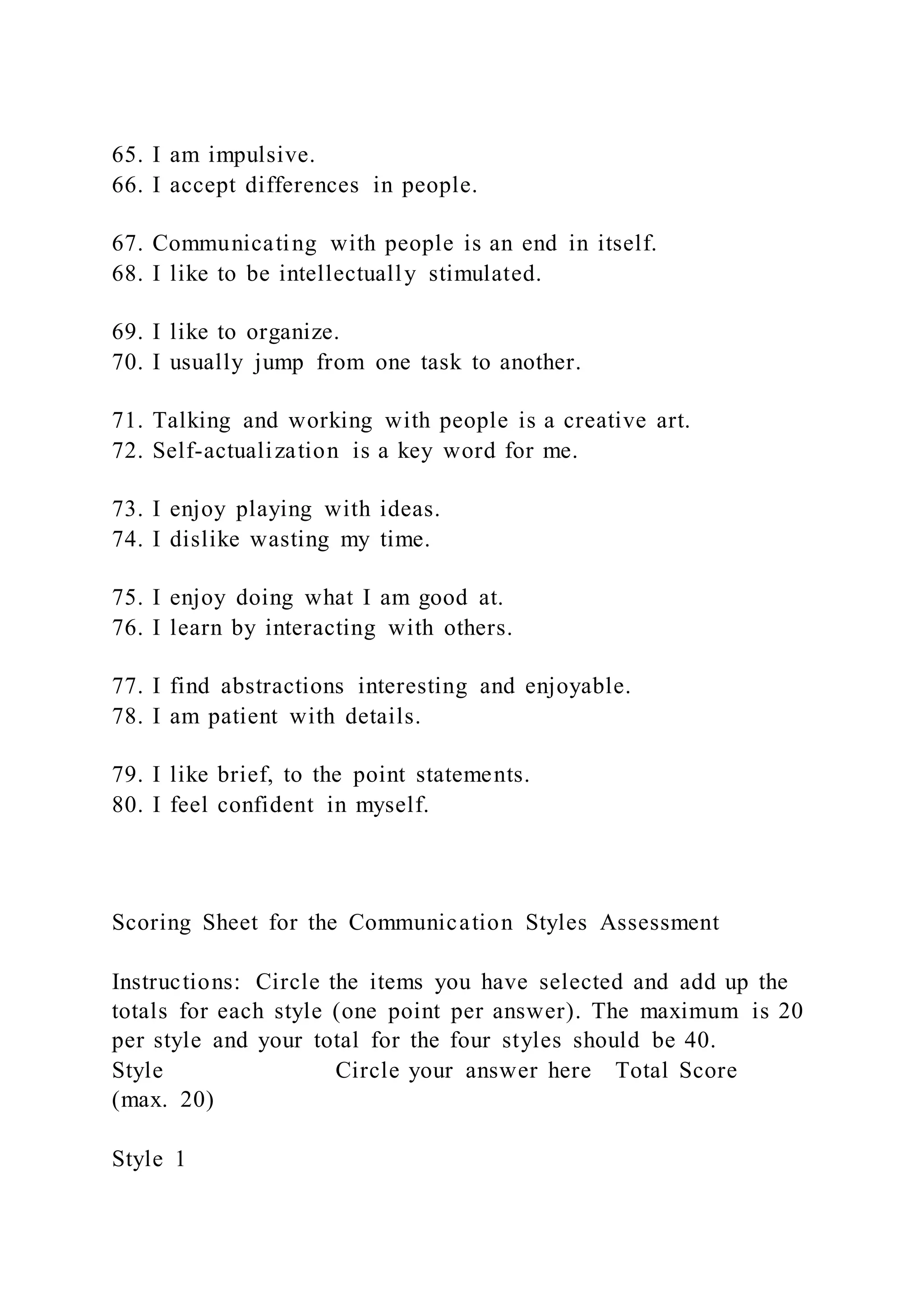 Communication Styles A Self-Assessment Exercise (Based on the | DOCX