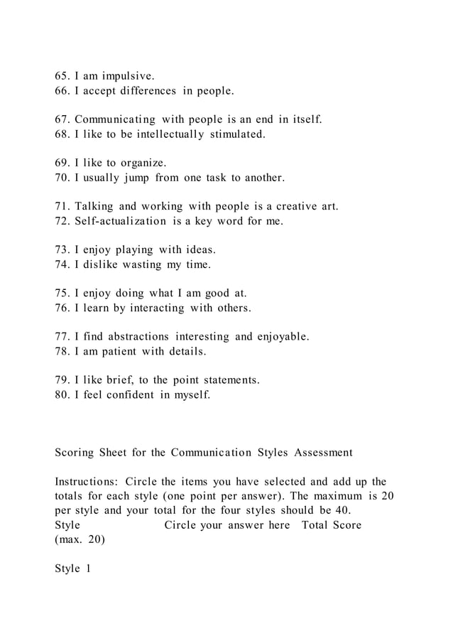 Communication Styles A Self-Assessment Exercise (Based on the | DOCX