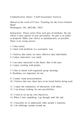 Communication Styles A Self-Assessment Exercise (Based on the | PDF