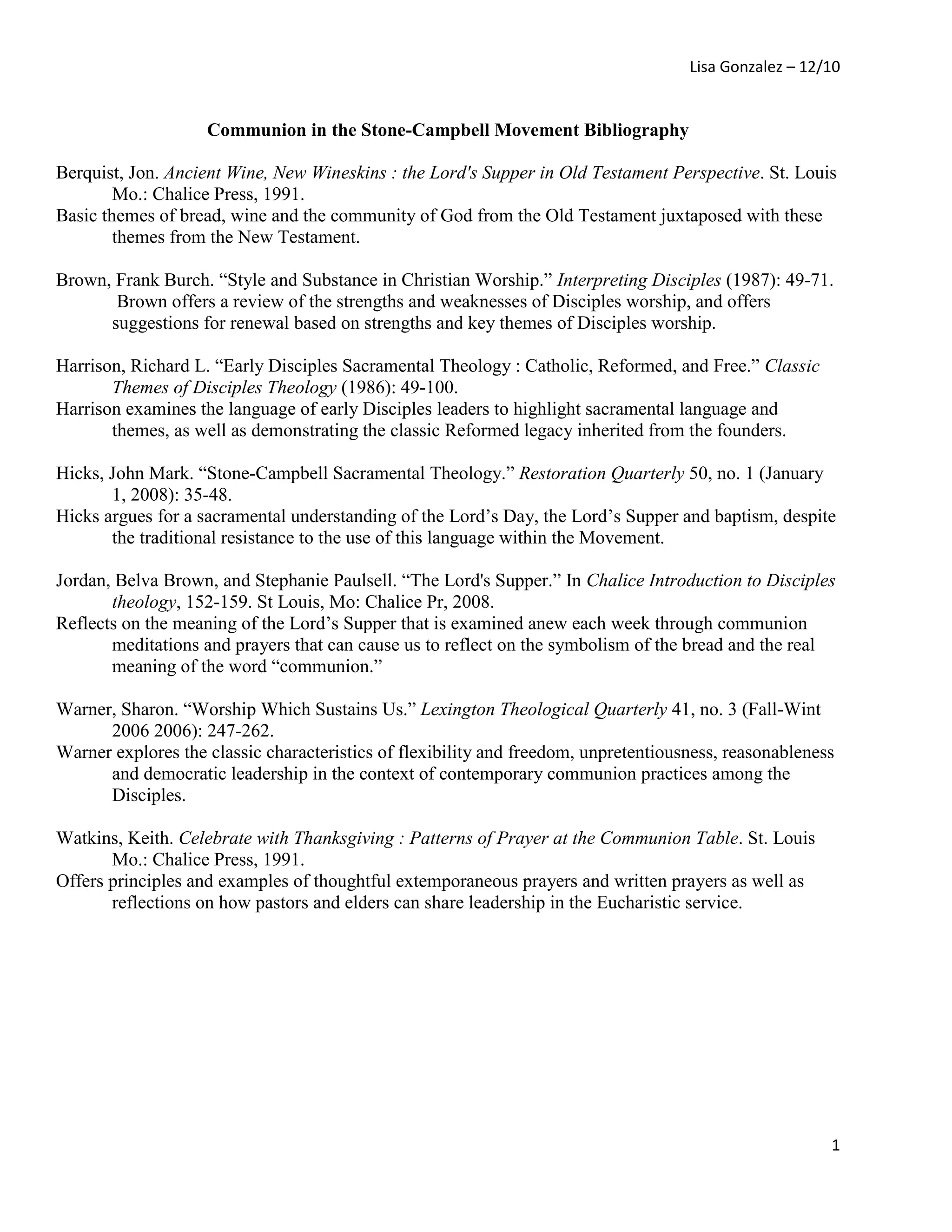 Communion in the stone campbell movement bibliography | DOCX