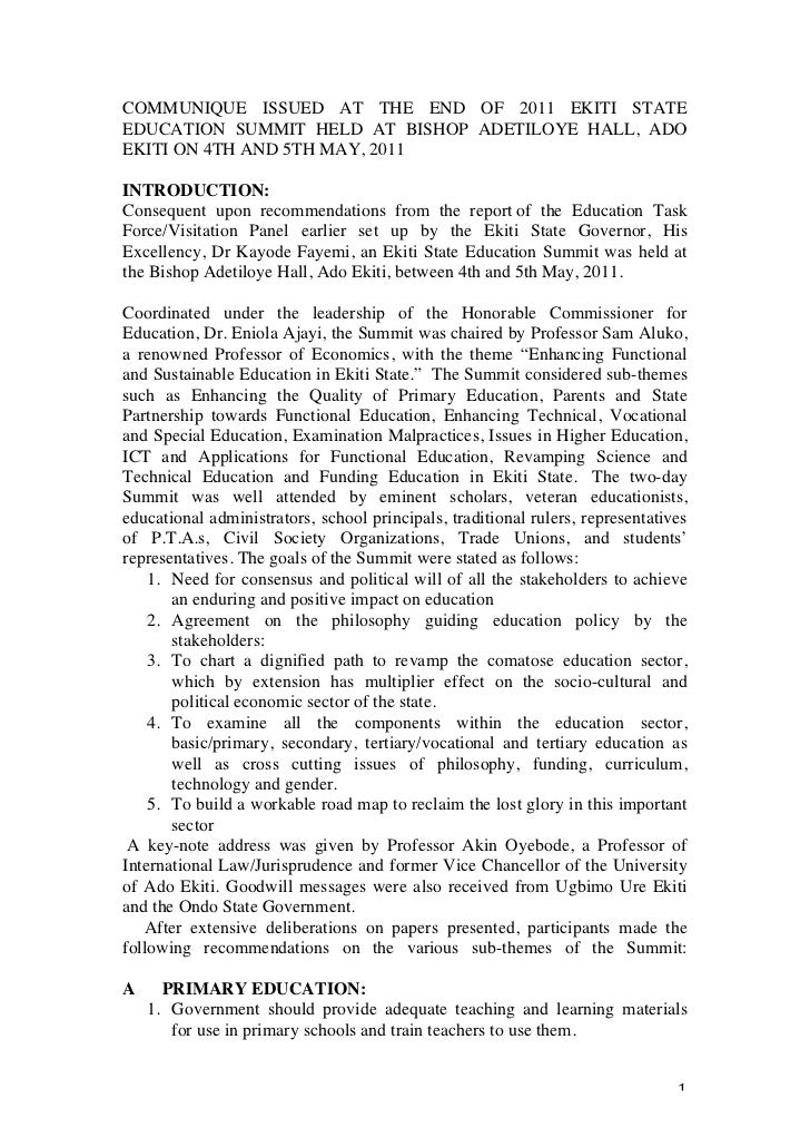 Communique issued at the End of 2011 Ekiti State Education Summit