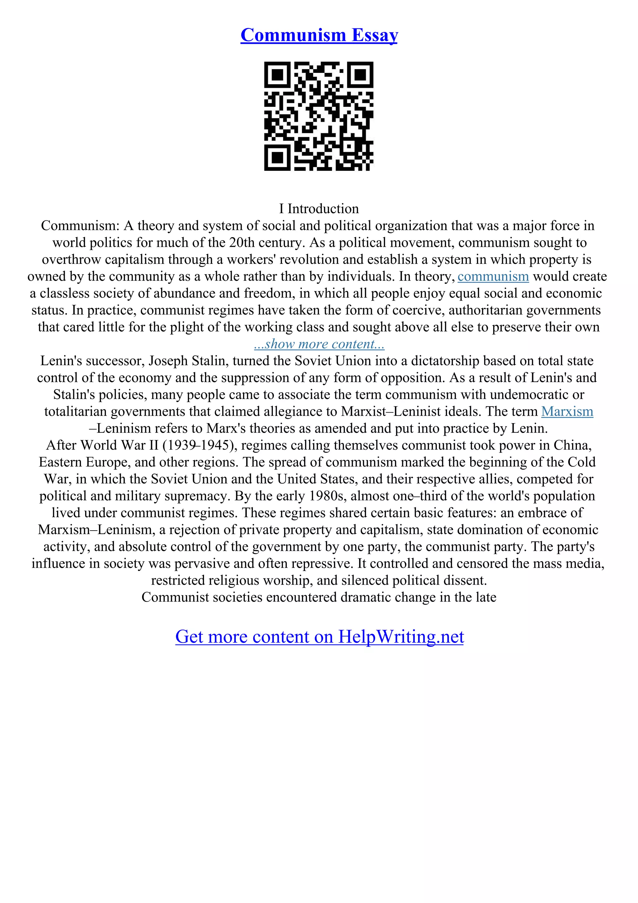 Communism Essay | PDF | Politics