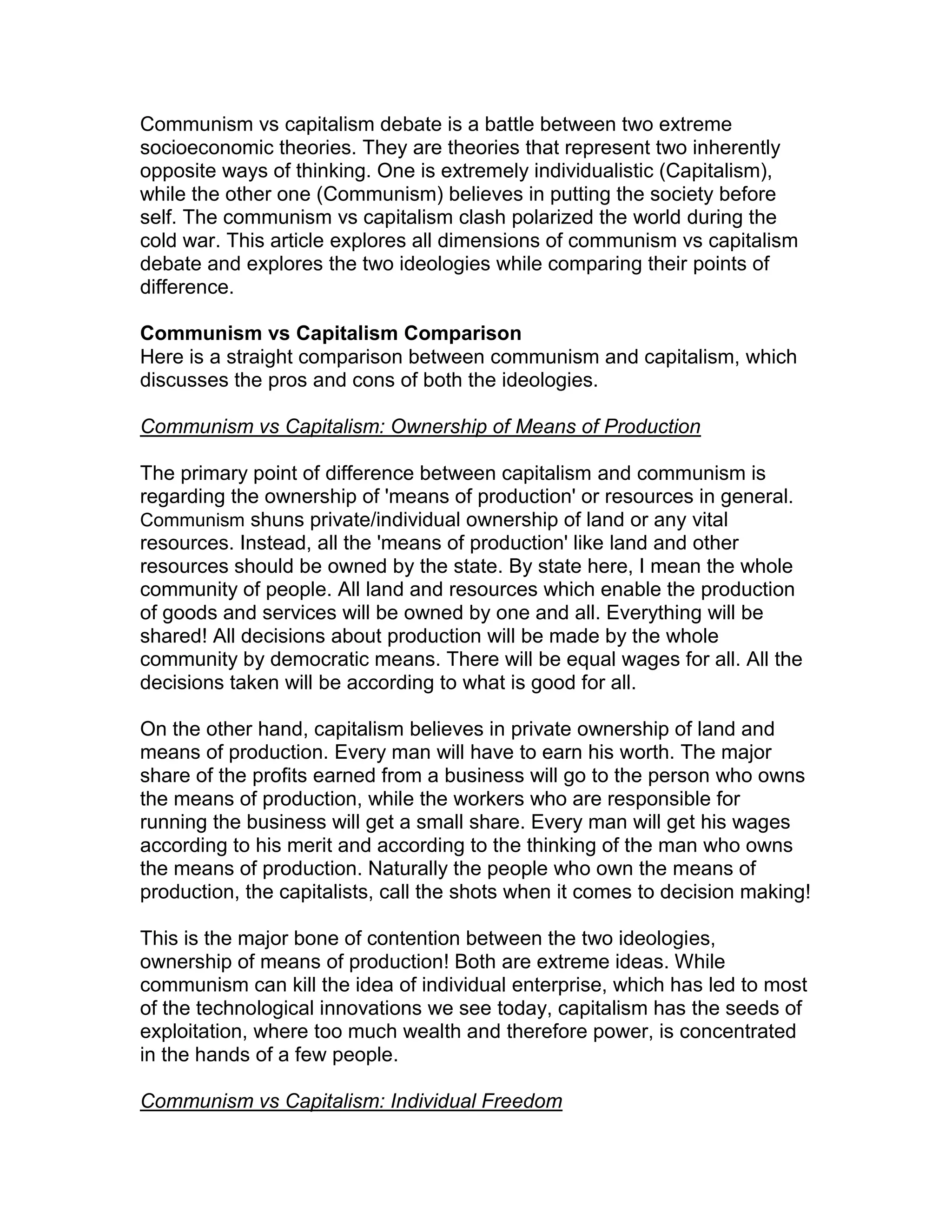 Communism Vs Capitalism Debate Is A Battle Between Two Extreme ...